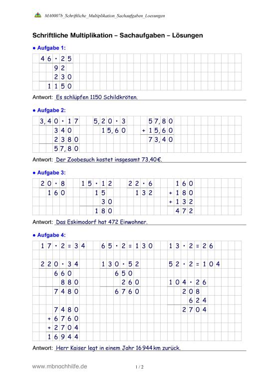 Matheaufgaben Multiplikation
