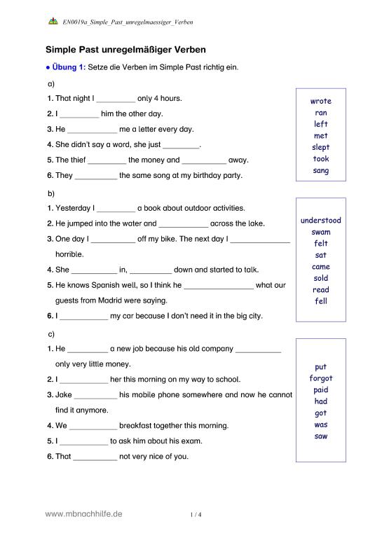 Unregelmäßige Verben Im Simple Past